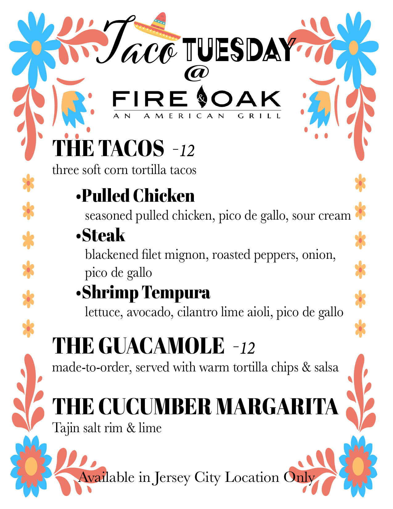 Menus | Fire & Oak in Jersey City, NJ