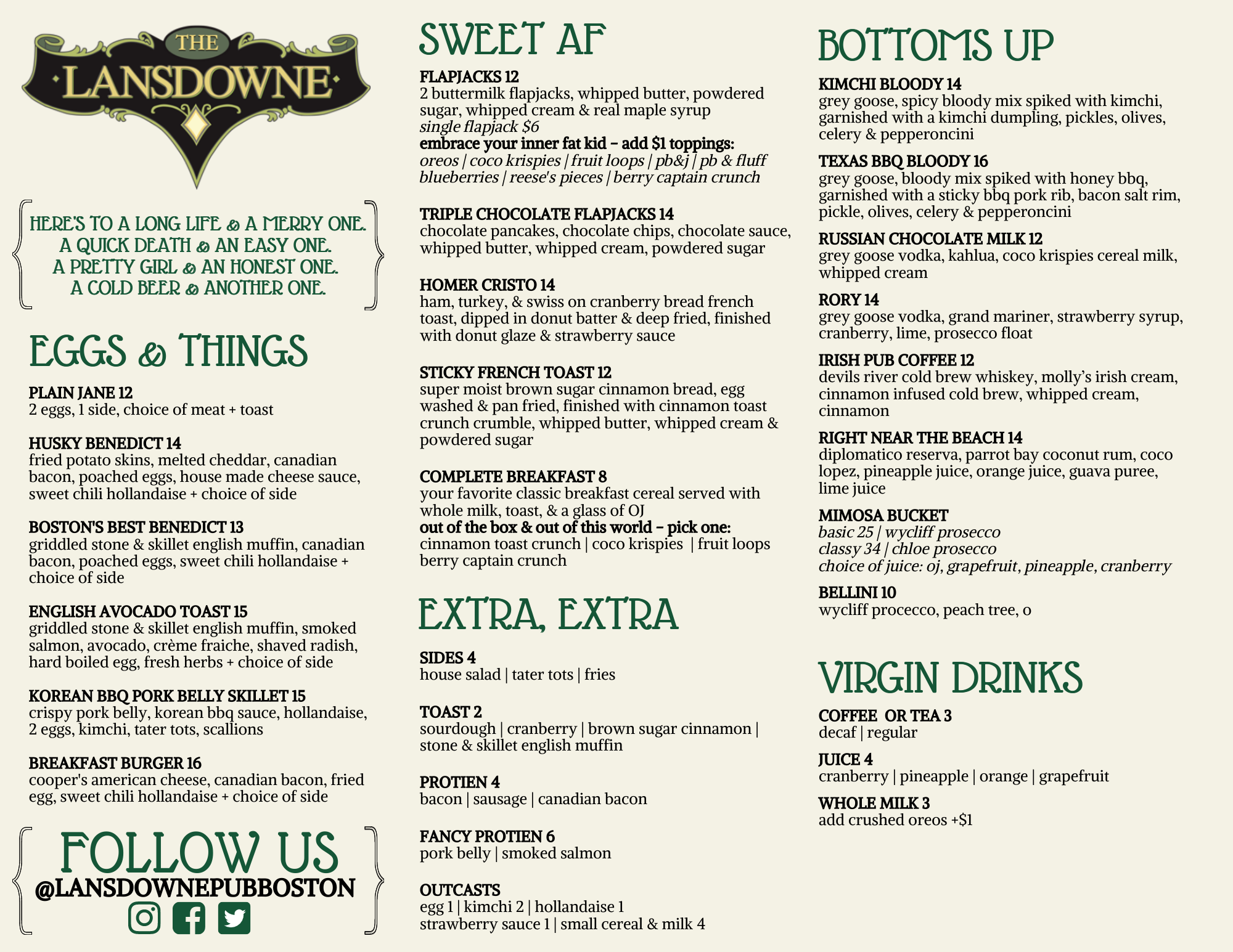 Menus | The Lansdowne Pub in Boston, MA