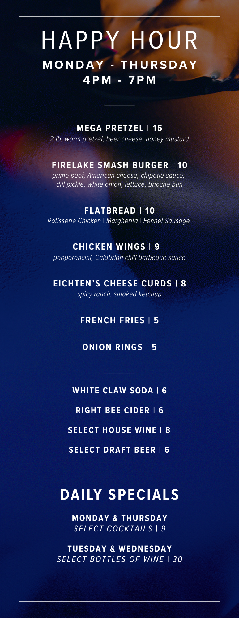 Menus | Firelake Chicago in Chicago, IL