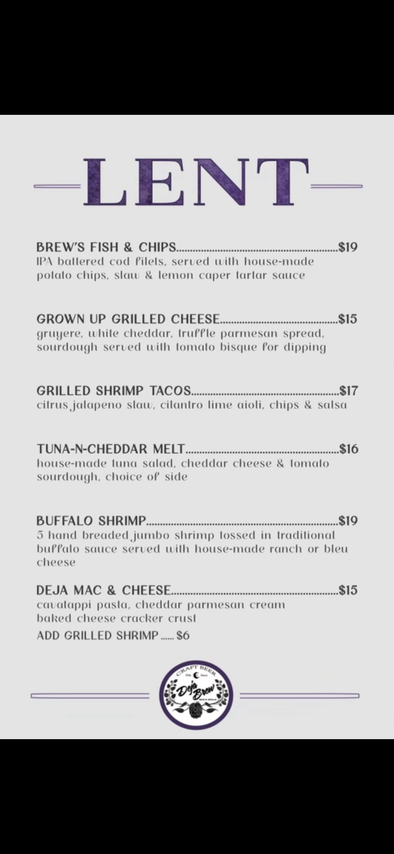 Menus | | Deja Brew Bar & Grille, IL