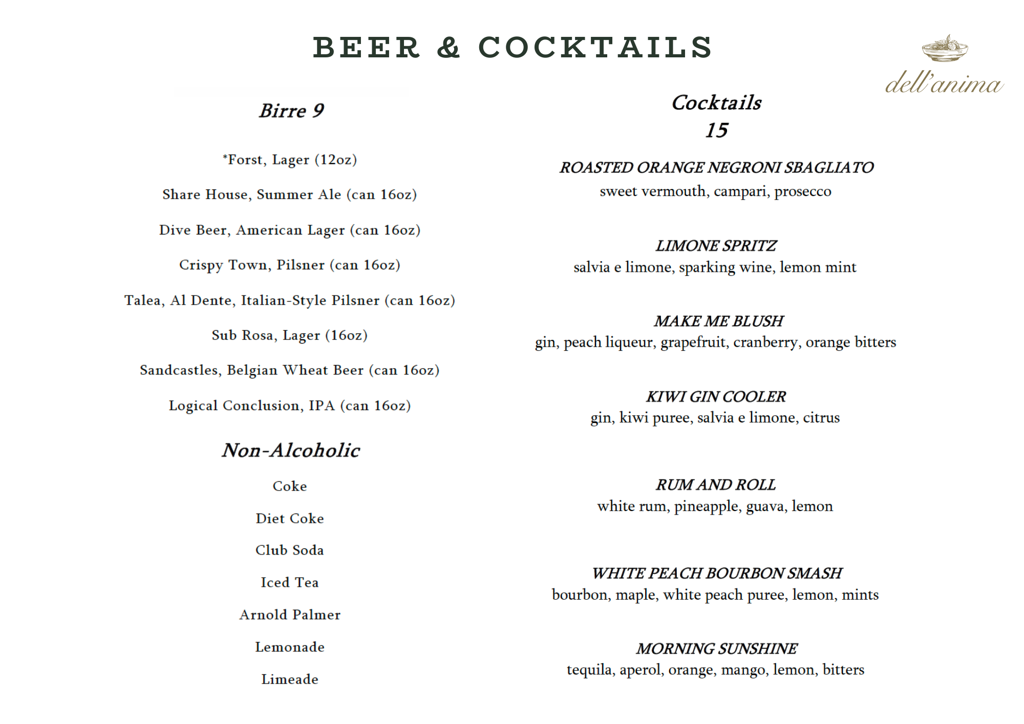 Menu | Dell'anima in New York, NY