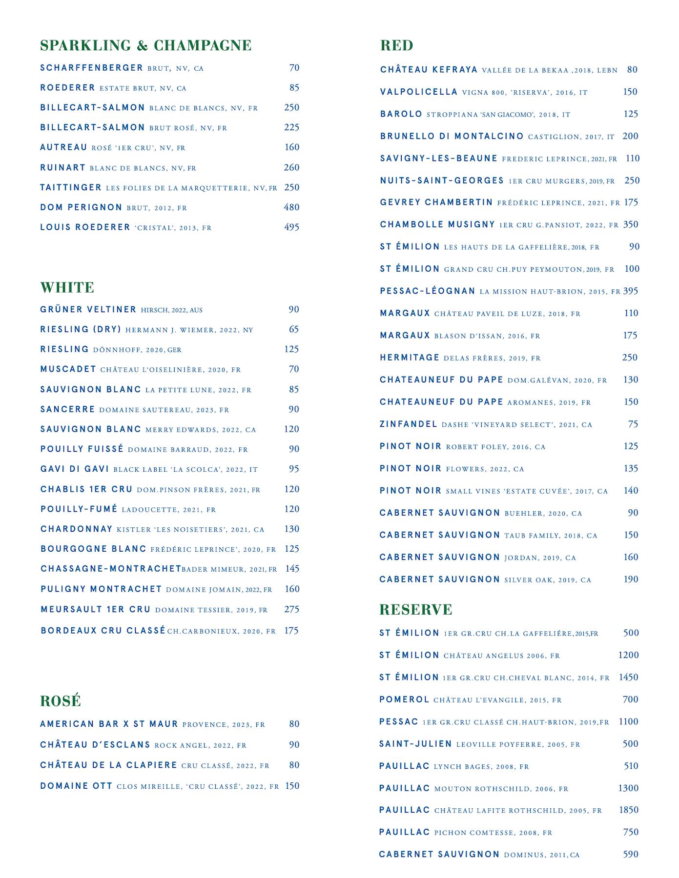 Menus | American Bar in West Village, NYC