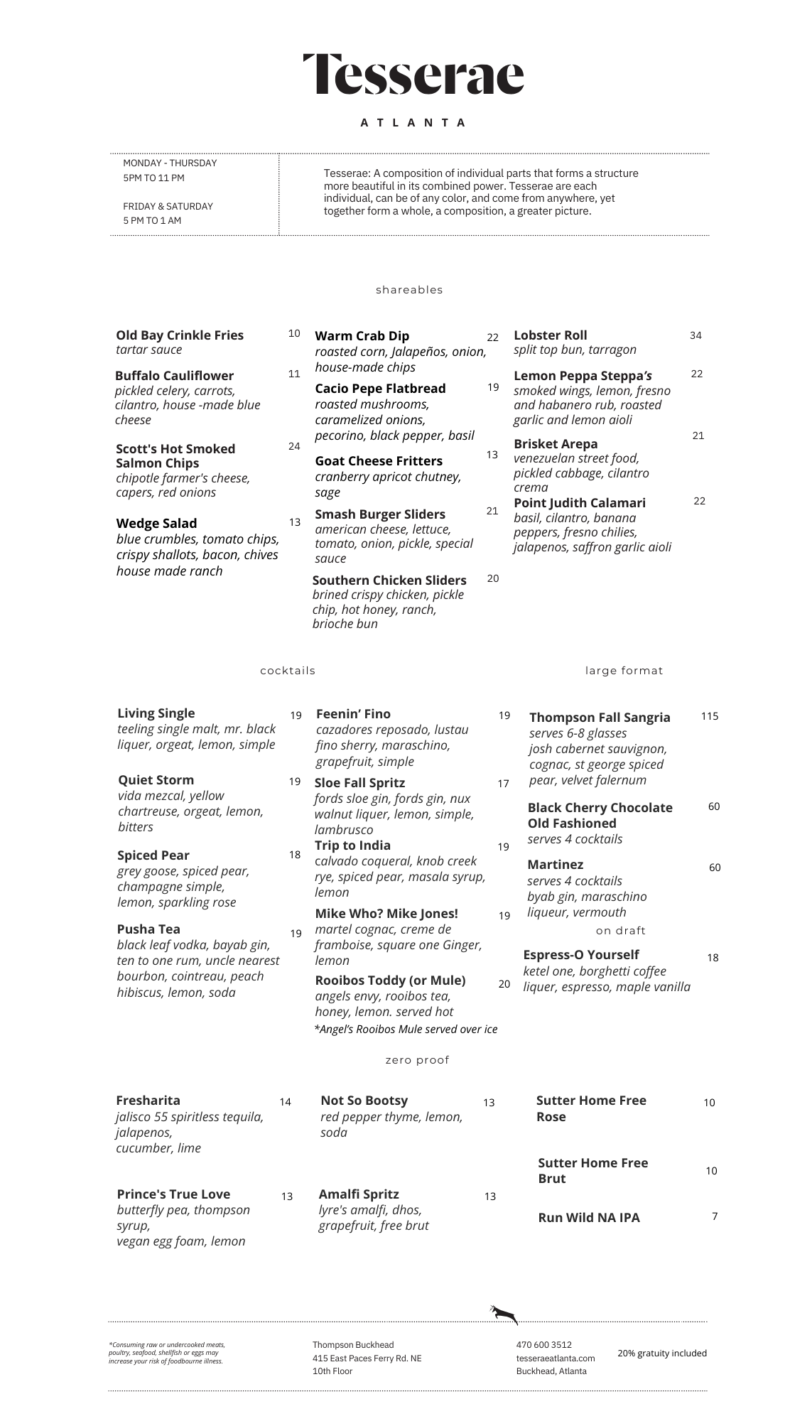 Menus | Tesserae in Atlanta, GA