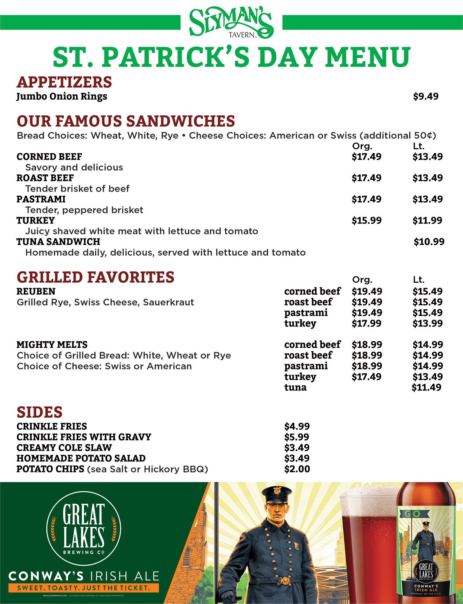 Menus | Slyman's Tavern