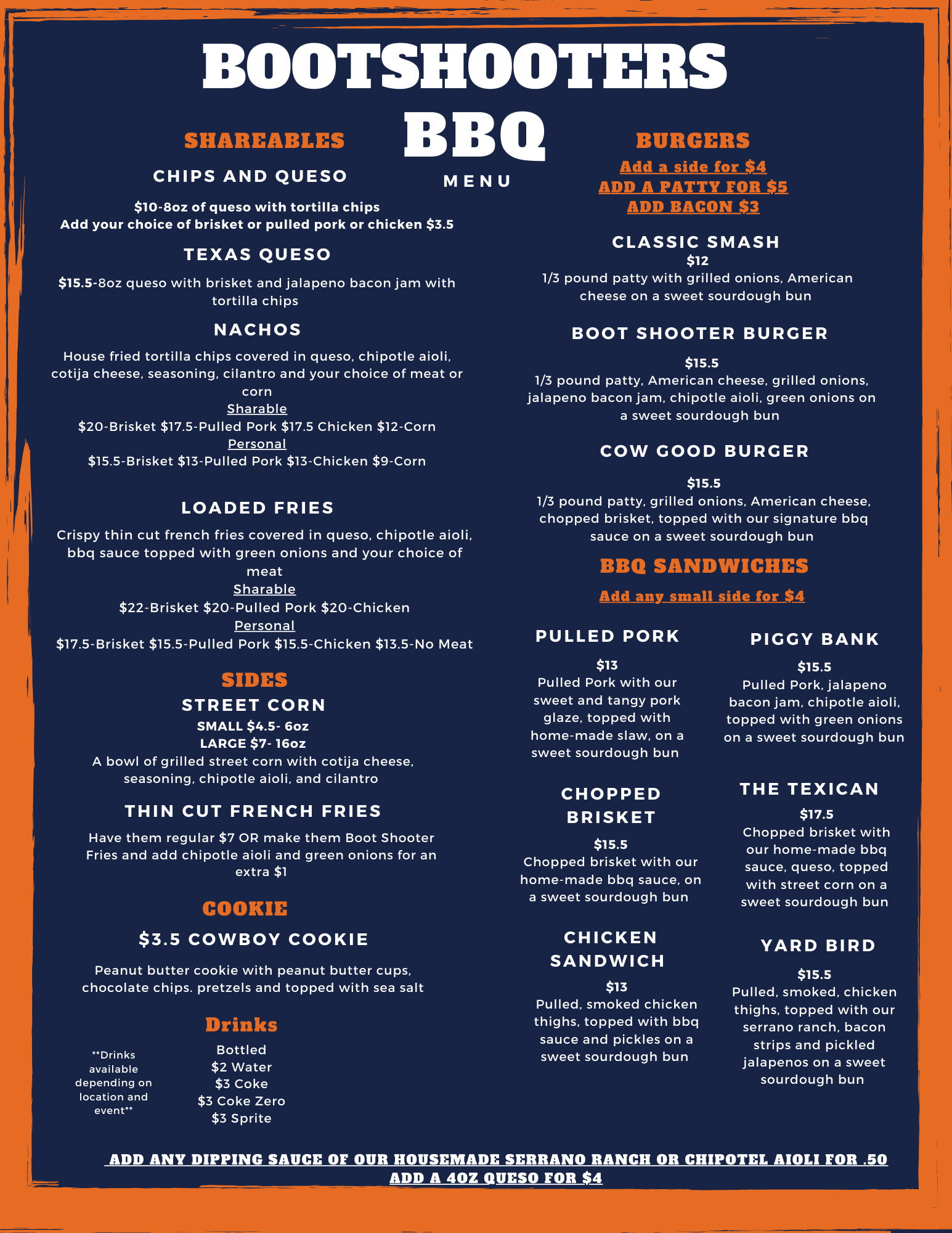 Menu | Boot Shooters | BBQ Catering and Food Truck in Houston, TX