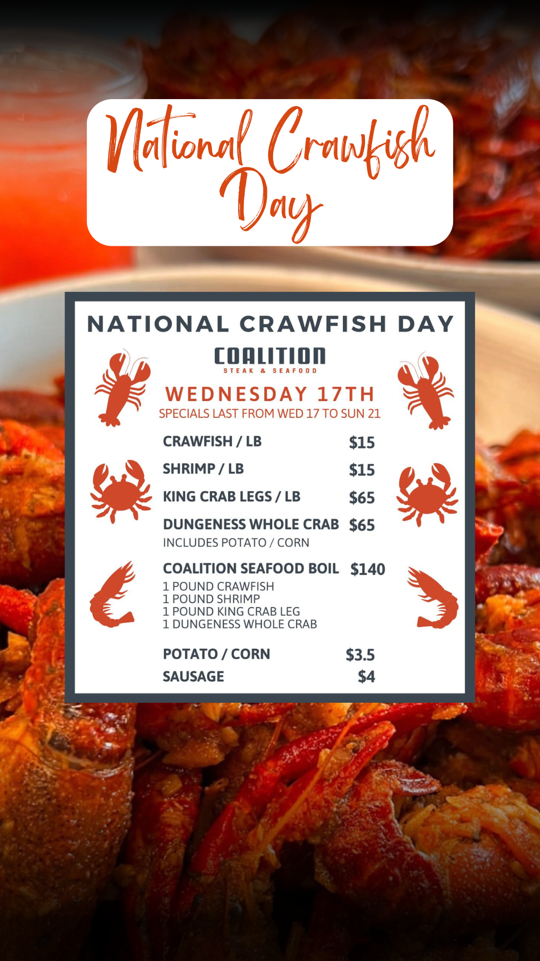 SPECIALS MENU | NATIONAL CRAWFISH DAY | Coalition Steak and Seafood ...