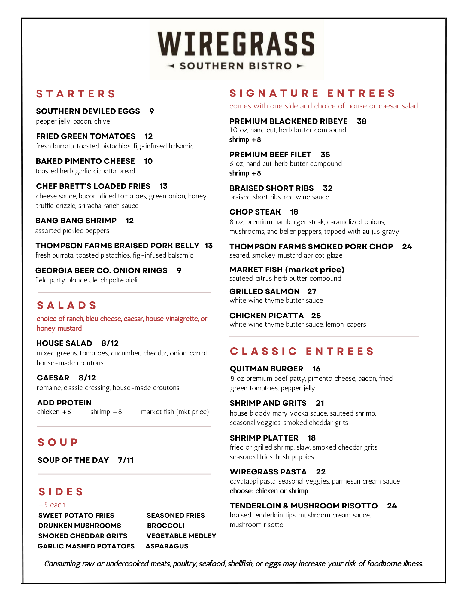 Menus | Wiregrass Southern Bistro in Quitman, GA