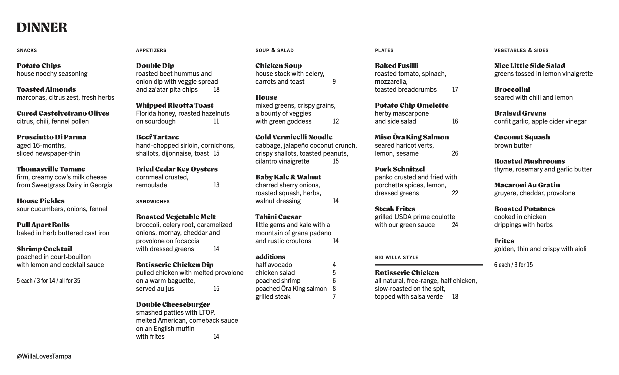 Menus | Willa's in Tampa Florida