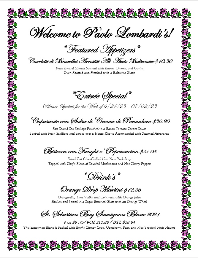 Menus | Paolo Lombardi's Ristorante in Wynantskill, NY