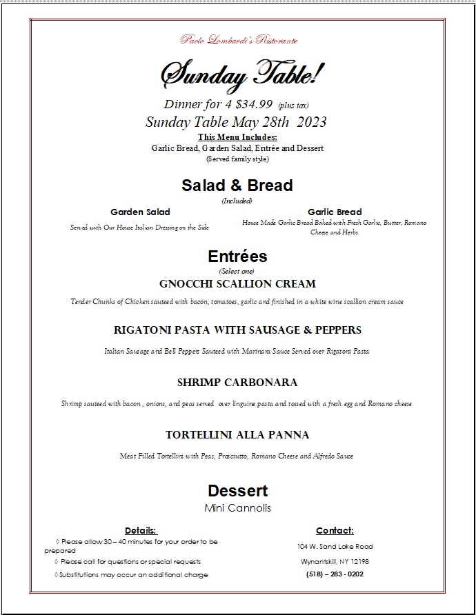 Sunday Table | Paolo Lombardi's Ristorante