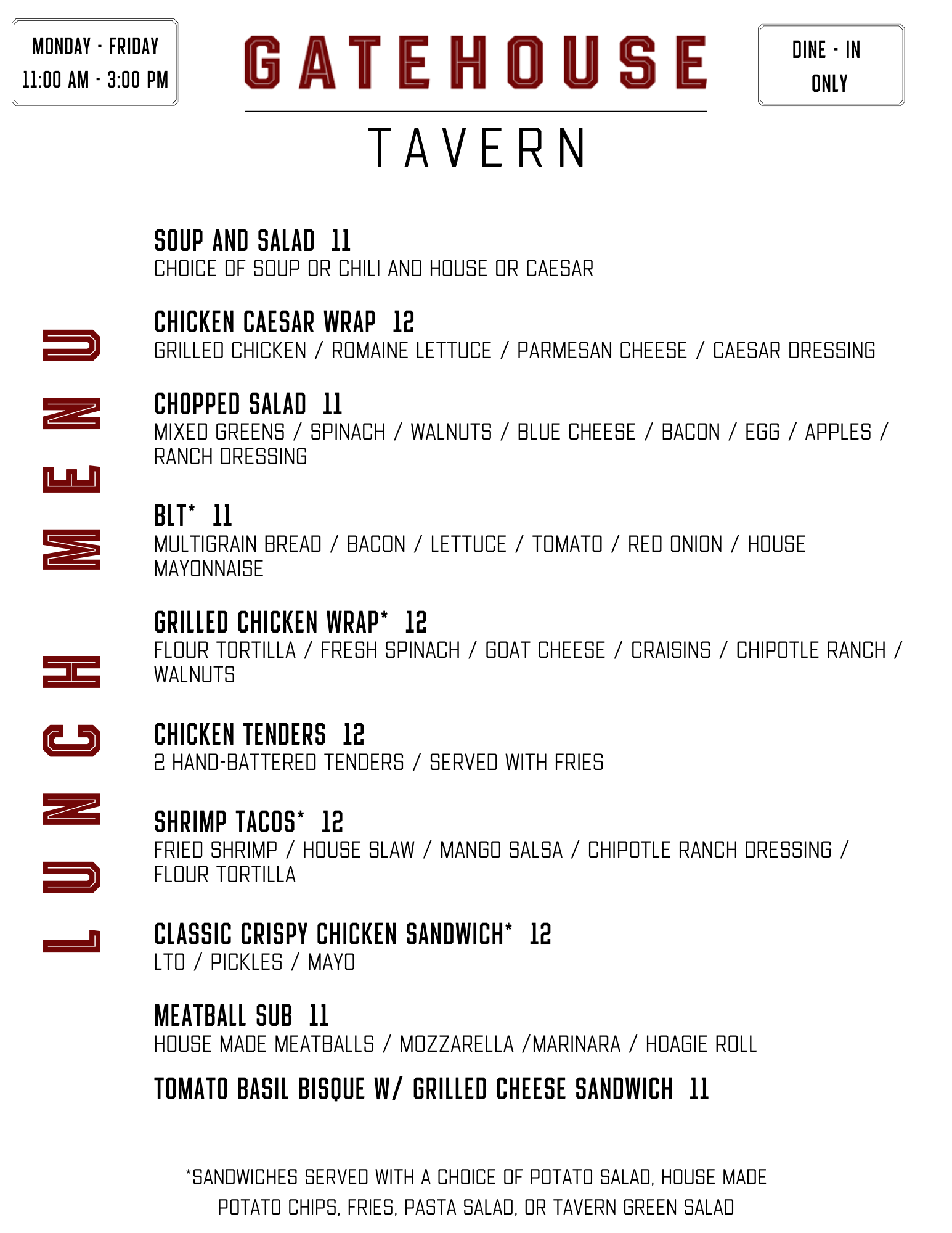 Menus | Gatehouse Tavern in Wake Forest, NC